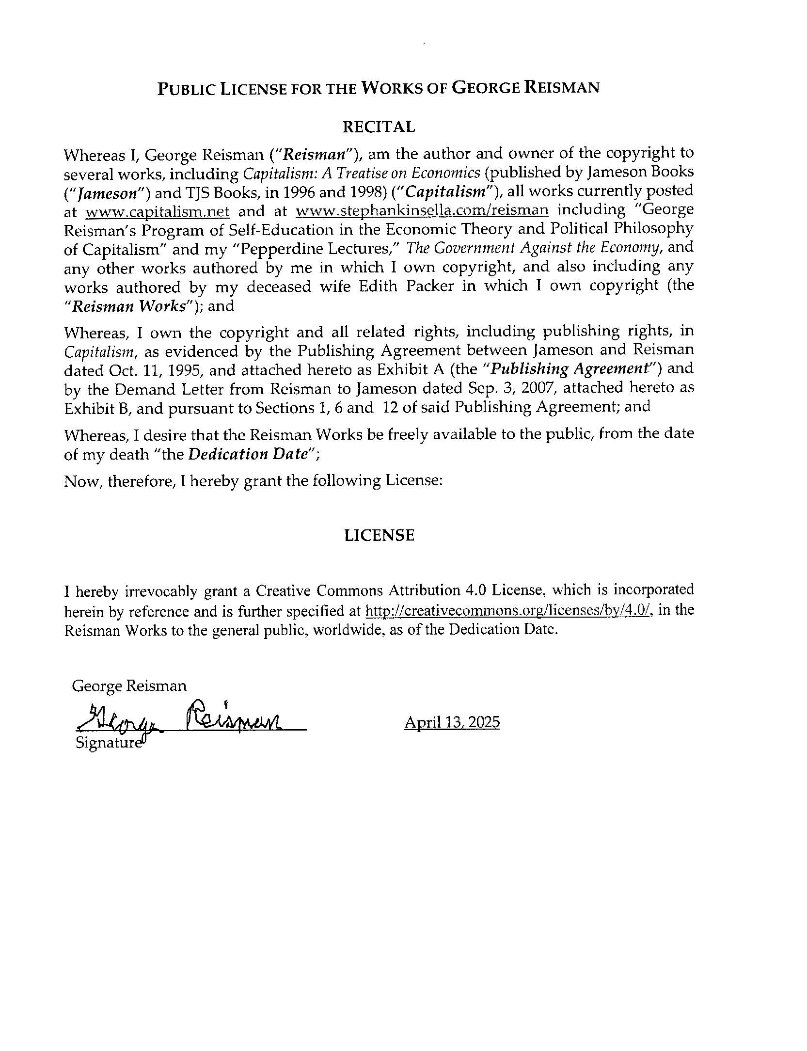 Public License for the Works of George Reisman